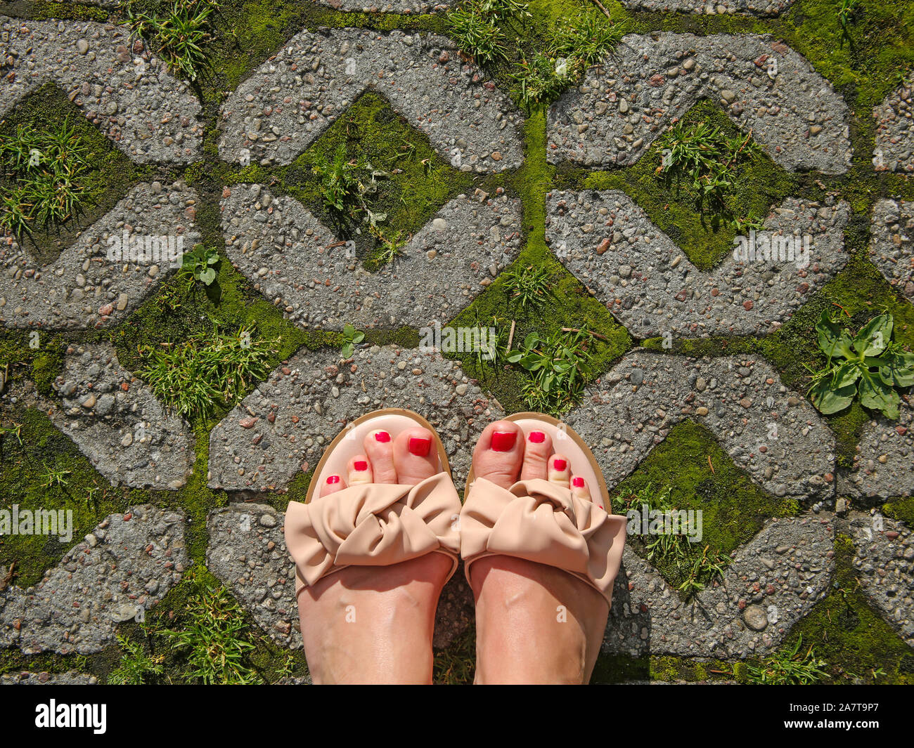 top view photo of woman feet in sandals on the stone pavement with ...