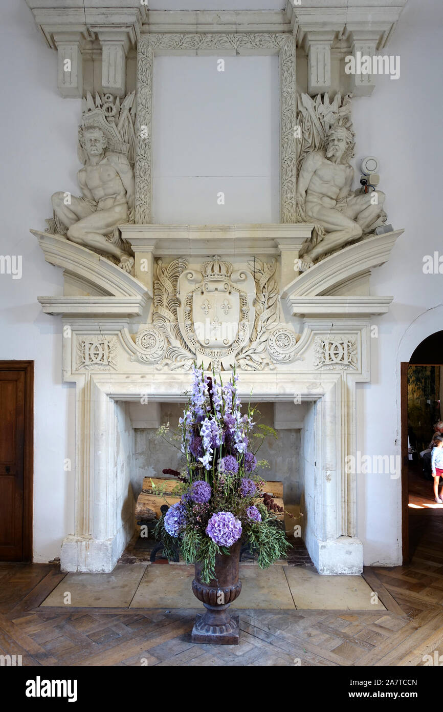 Chenonceau, France 31 july 2019: Beautiful carved fireplace inside ...