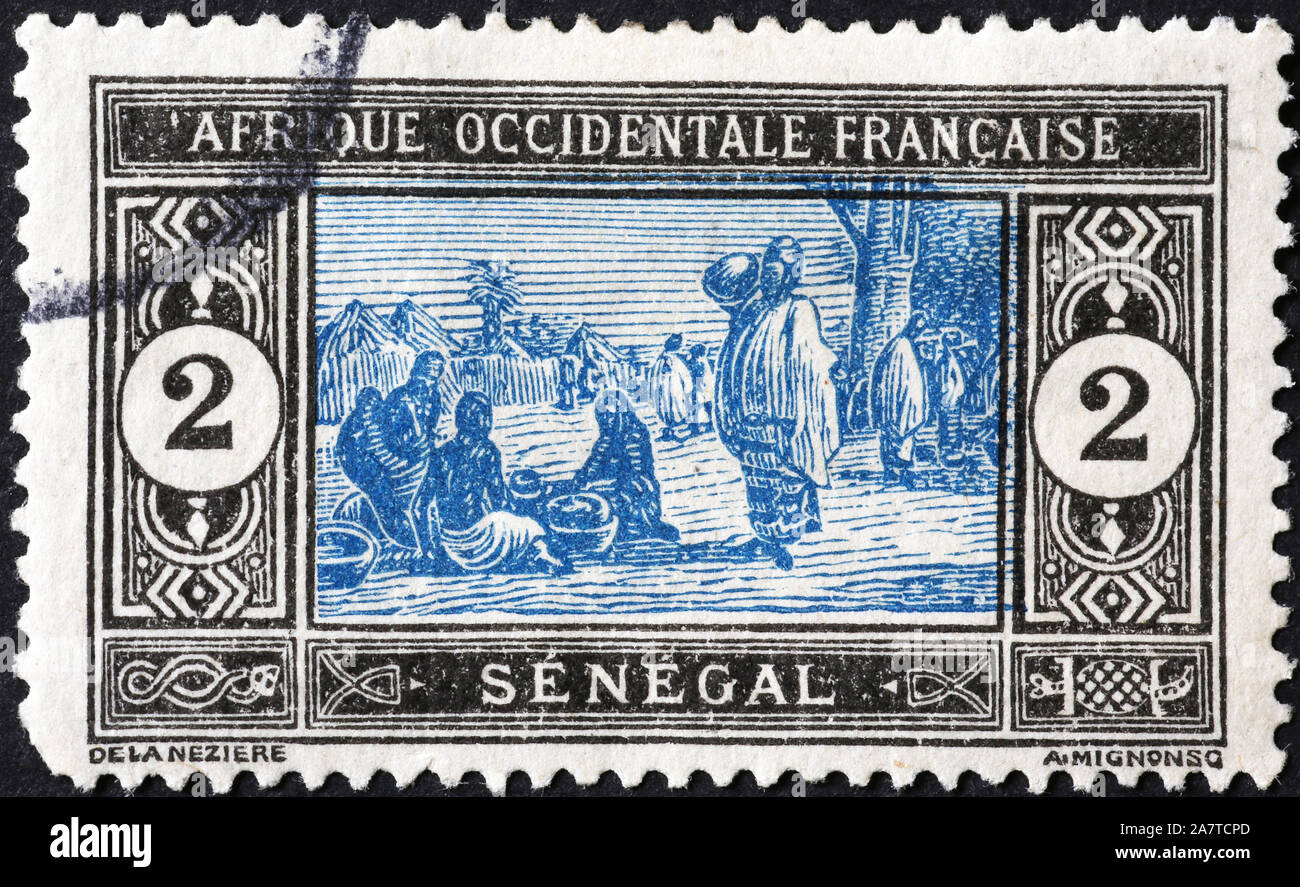 Tribal village of Senegal on ancient postage stamp Stock Photo - Alamy