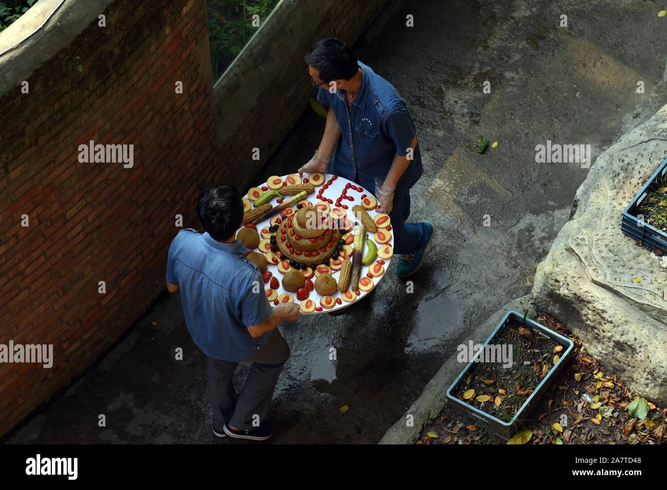Chinese workers display a birthday cake made with fodder and fruits by ...