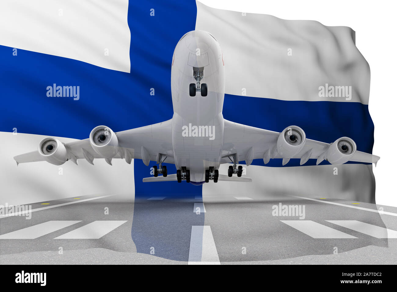 airplane taking off against the background of the flag Finland. 3d ...