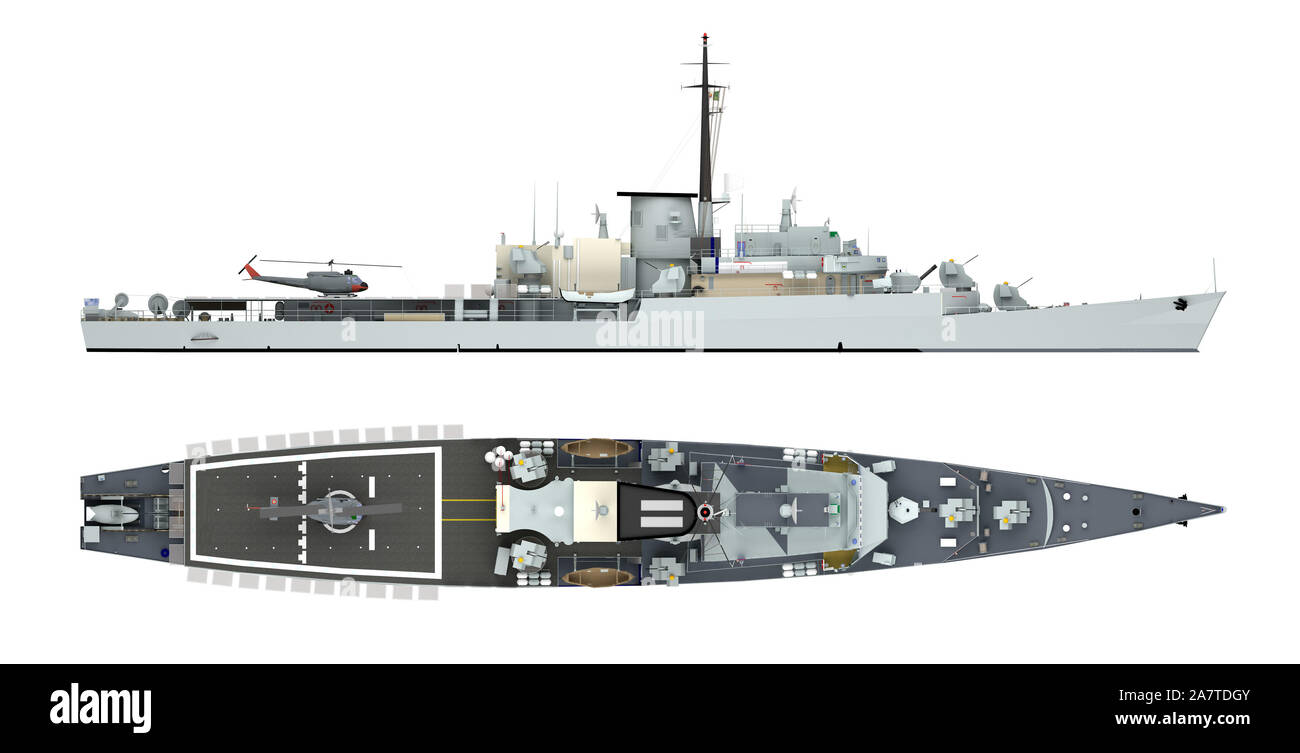 warship side view and top view isolated on white. 3d rendering Stock ...
