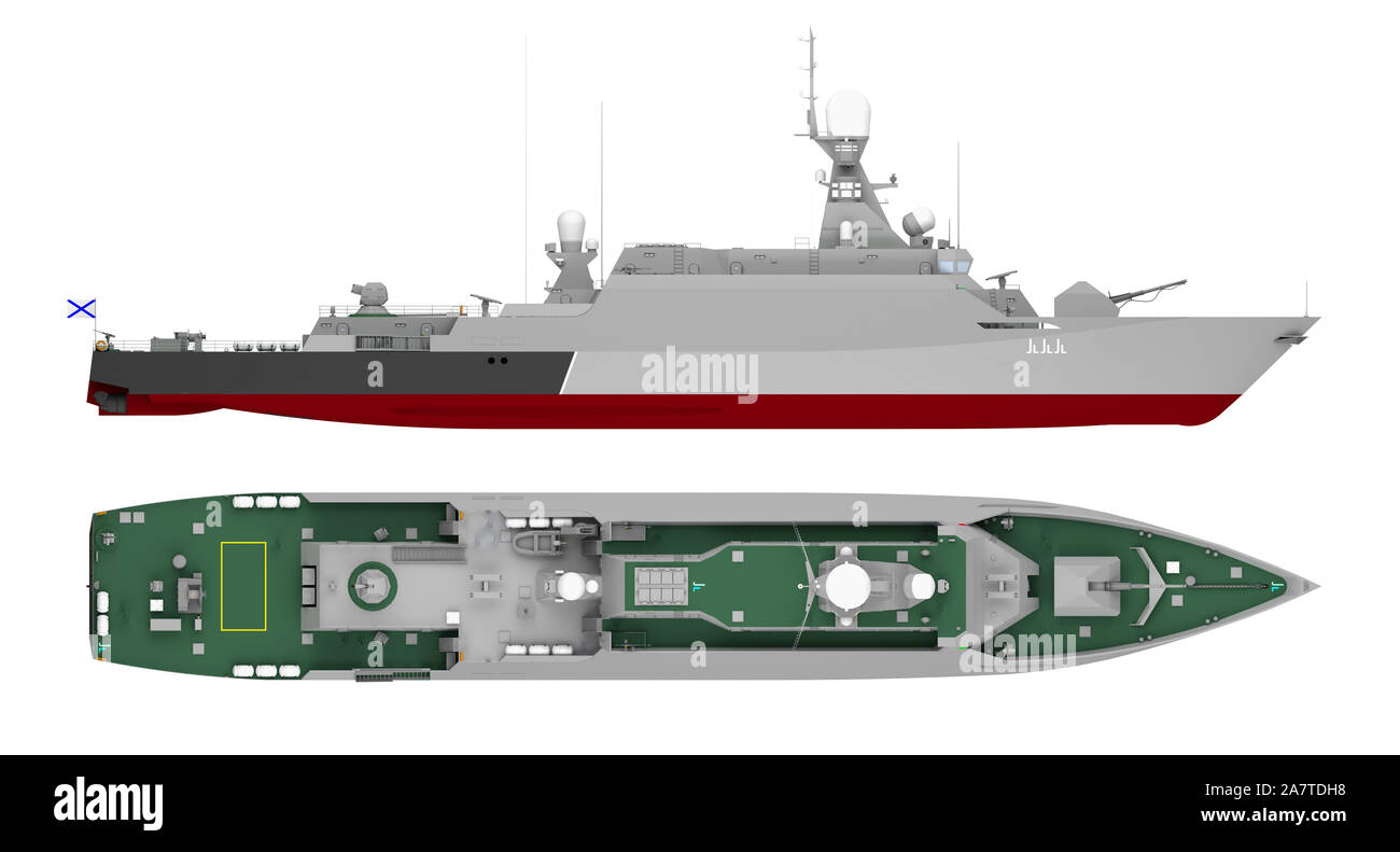 warship side view and top view isolated on white. 3d rendering Stock ...