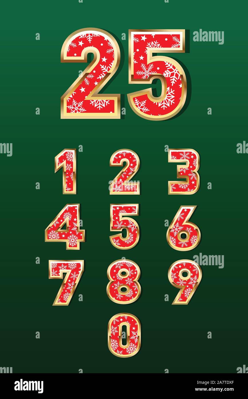 Set of Beautiful Christmas Numbers in gold and red color. Vector design ...