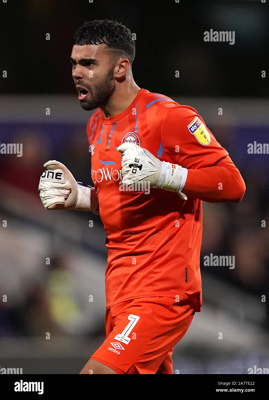 Brentford goalkeeper David Raya Martin celebrates after Ollie Watkins ...