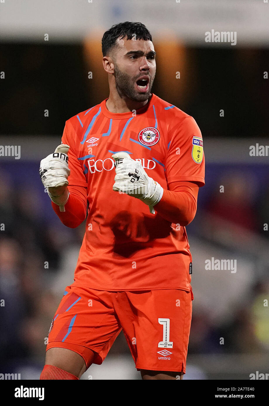 Brentford goalkeeper David Raya Martin celebrates after Ollie Watkins ...