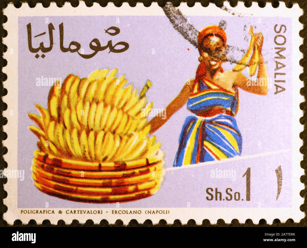 Woman and bananas on postage stamp of Somalia Stock Photo - Alamy