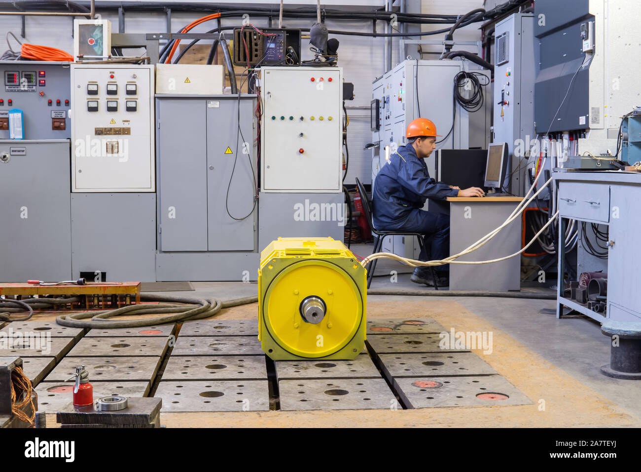 Perm, Russia - October 11, 2019: an engineer tests an electric motor on ...