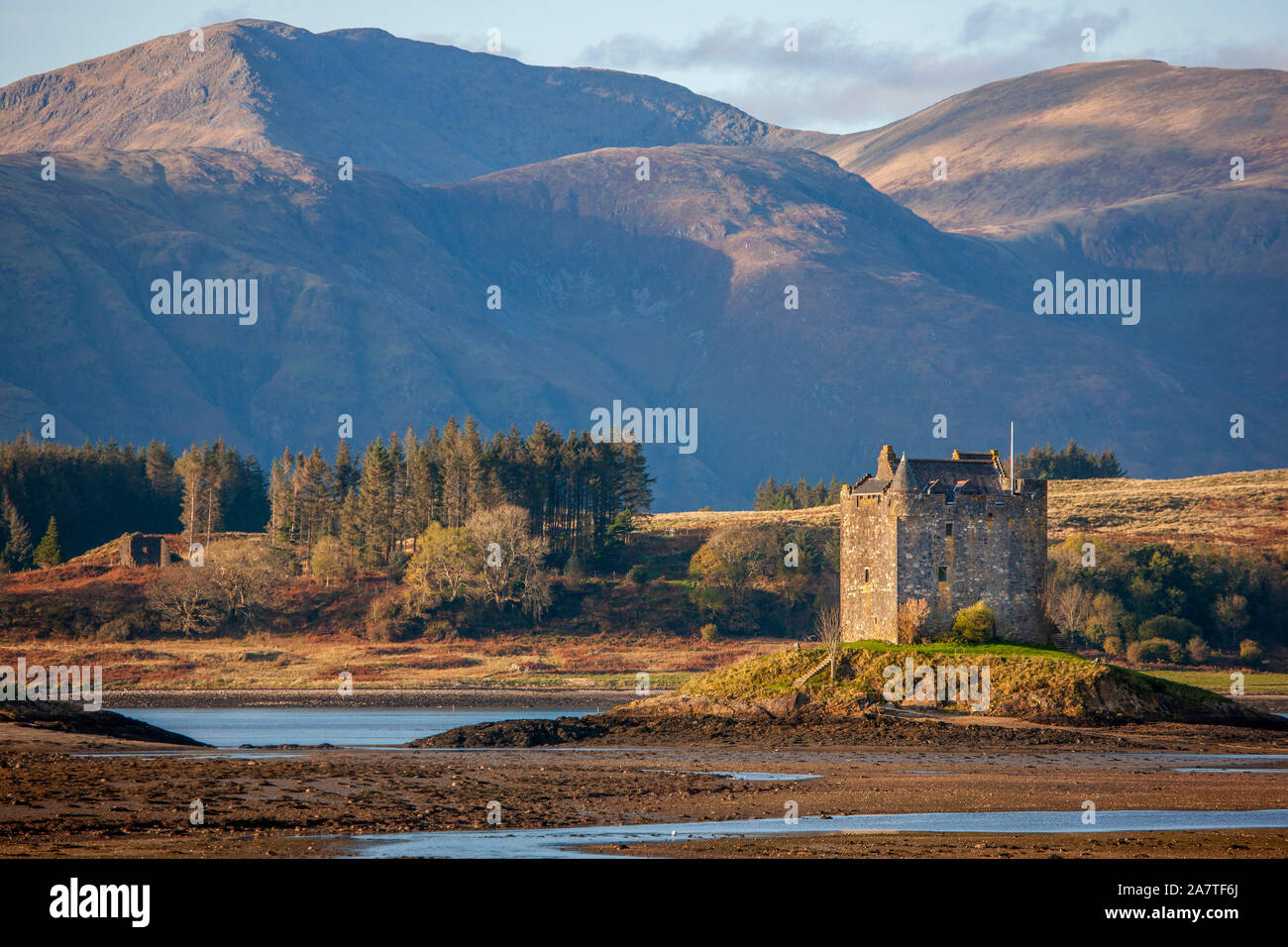 Autumn view towards castle Stalker and the Morvern Hills, Argyll Stock ...