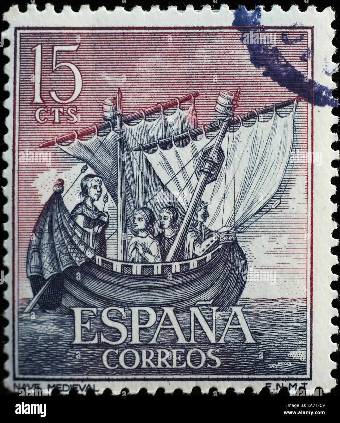Ancient sailboat on old spanish postage stamp Stock Photo - Alamy