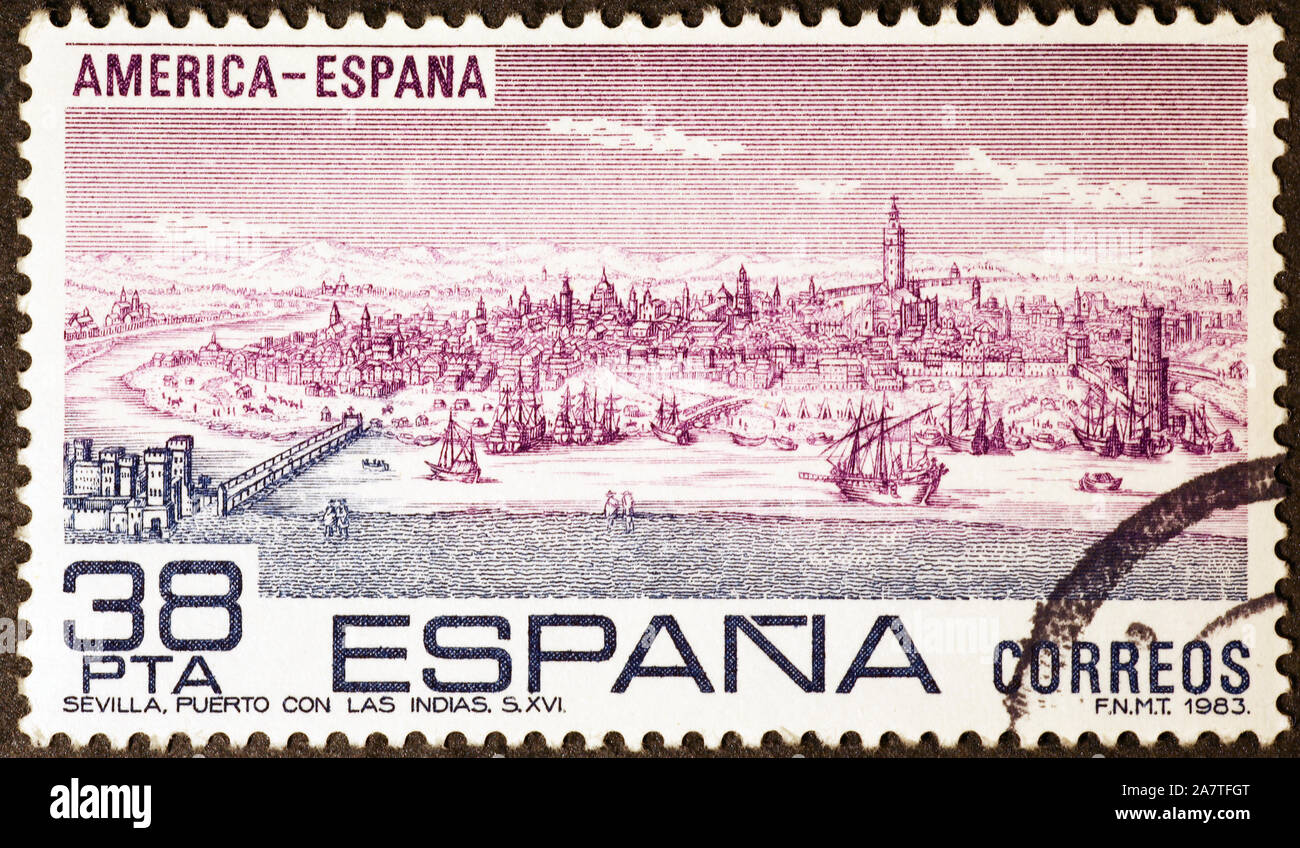 Old image of Seville on spanish postage stamp Stock Photo - Alamy