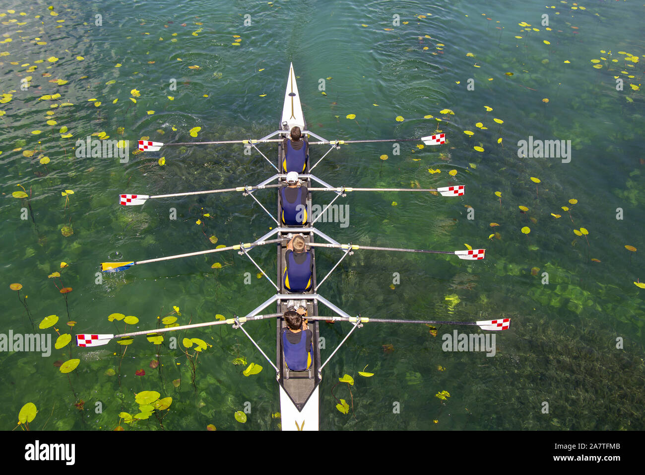 Men's quadruple rowing team on turquoise green lake Stock Photo - Alamy