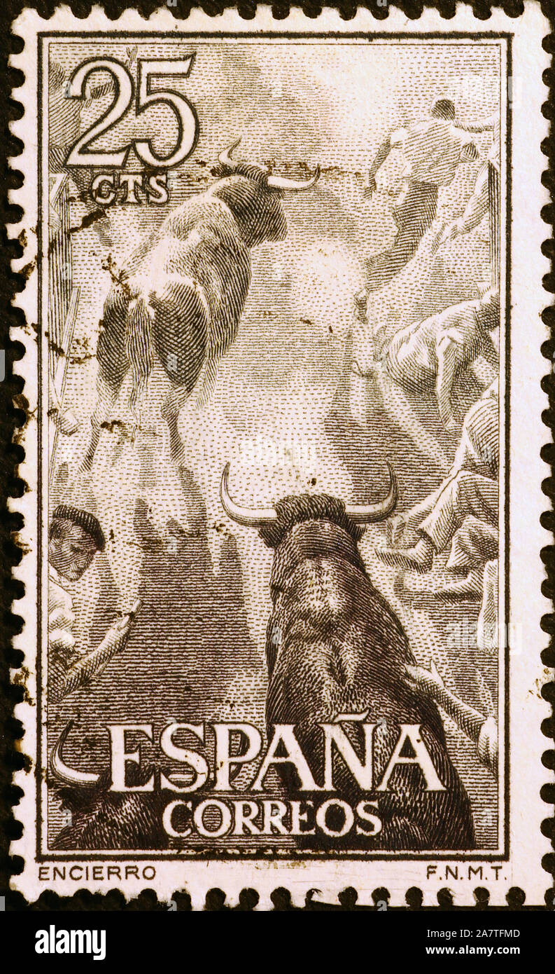 Running of the bulls in Pamplona on spanish postage stamp Stock Photo ...