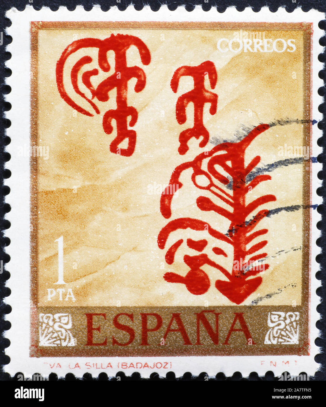Strange prehistoric depictions on spanish postage stamp Stock Photo - Alamy