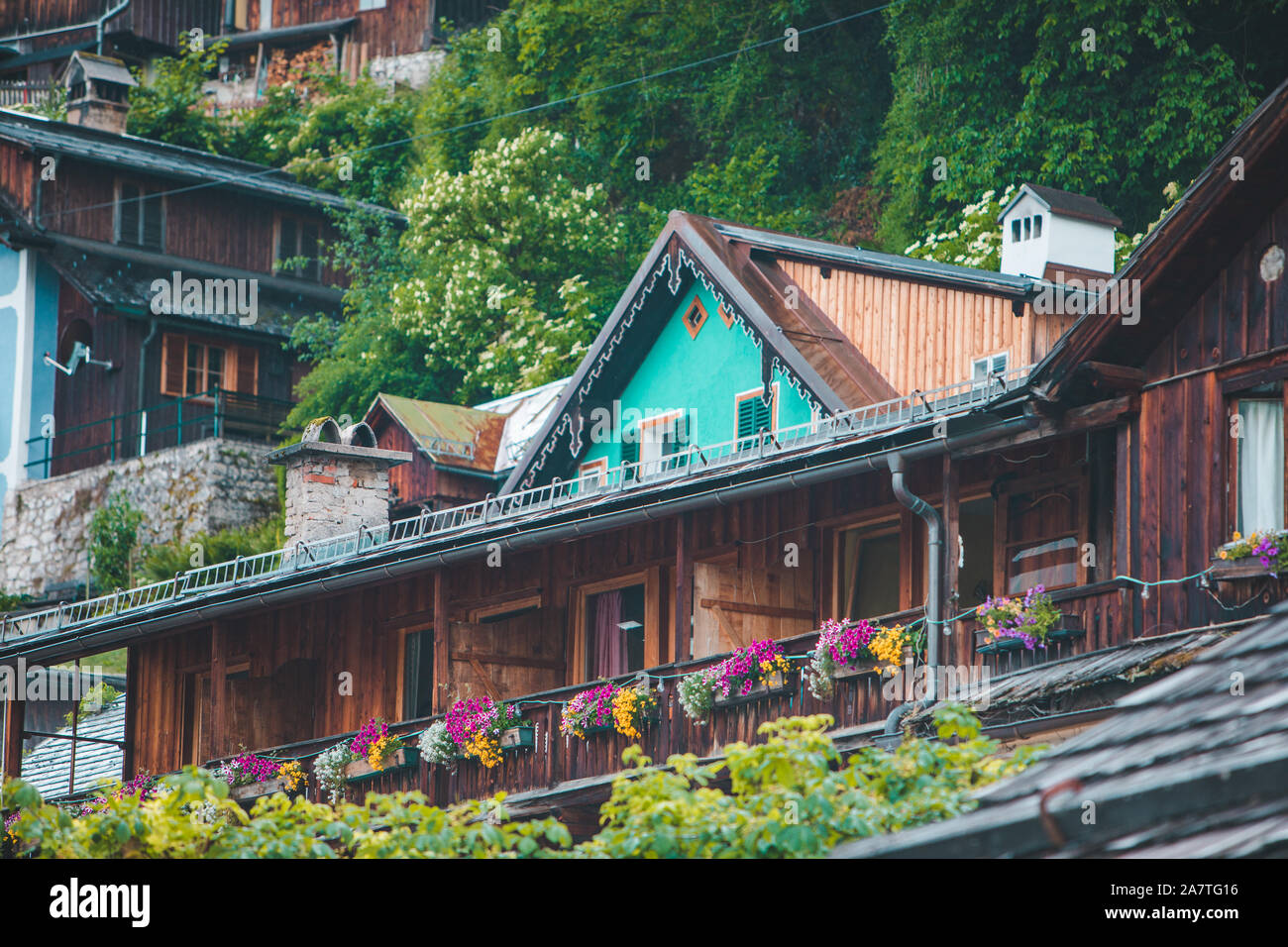 close up view of hallstatt wooden buildings Stock Photo - Alamy