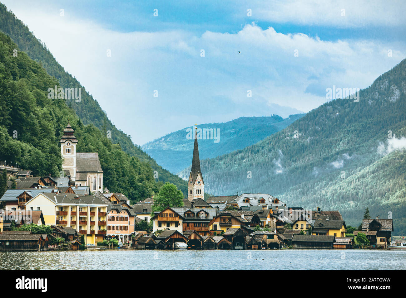 landscape view of hallstatt city in austrian alps Stock Photo - Alamy