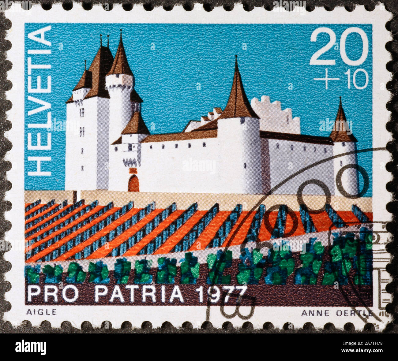 Ancient castle on swiss postage stamp Stock Photo - Alamy