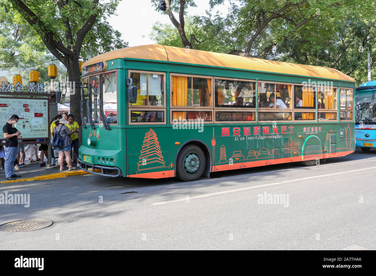 Outside view of the old-fashioned bus in Xi’an city, northwest China’s ...