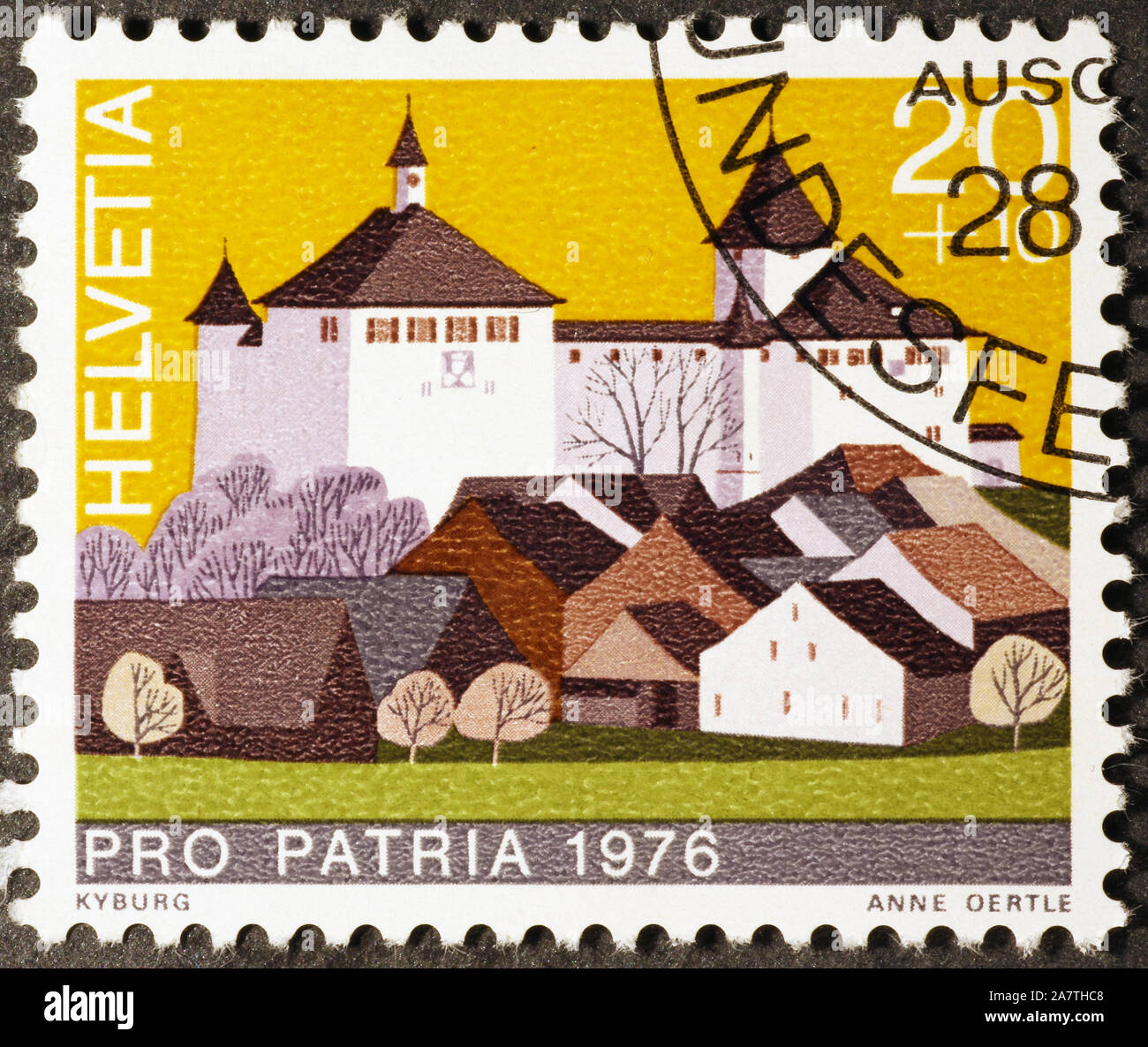 Old castle on swiss postage stamp Stock Photo - Alamy