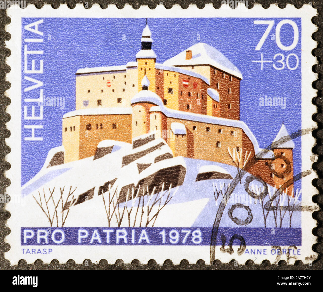 Old swiss castle on postage stamp Stock Photo - Alamy