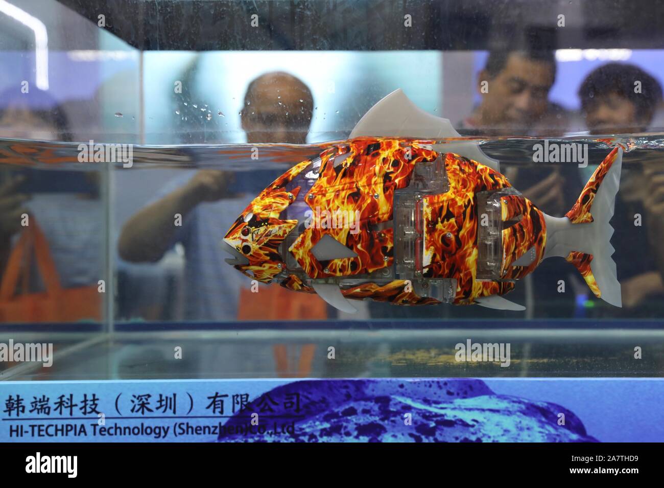 A robot Fish-Miro developed by Hi-Techpia Technology (Shenzhen) Co., Ltd. is displayed during ...