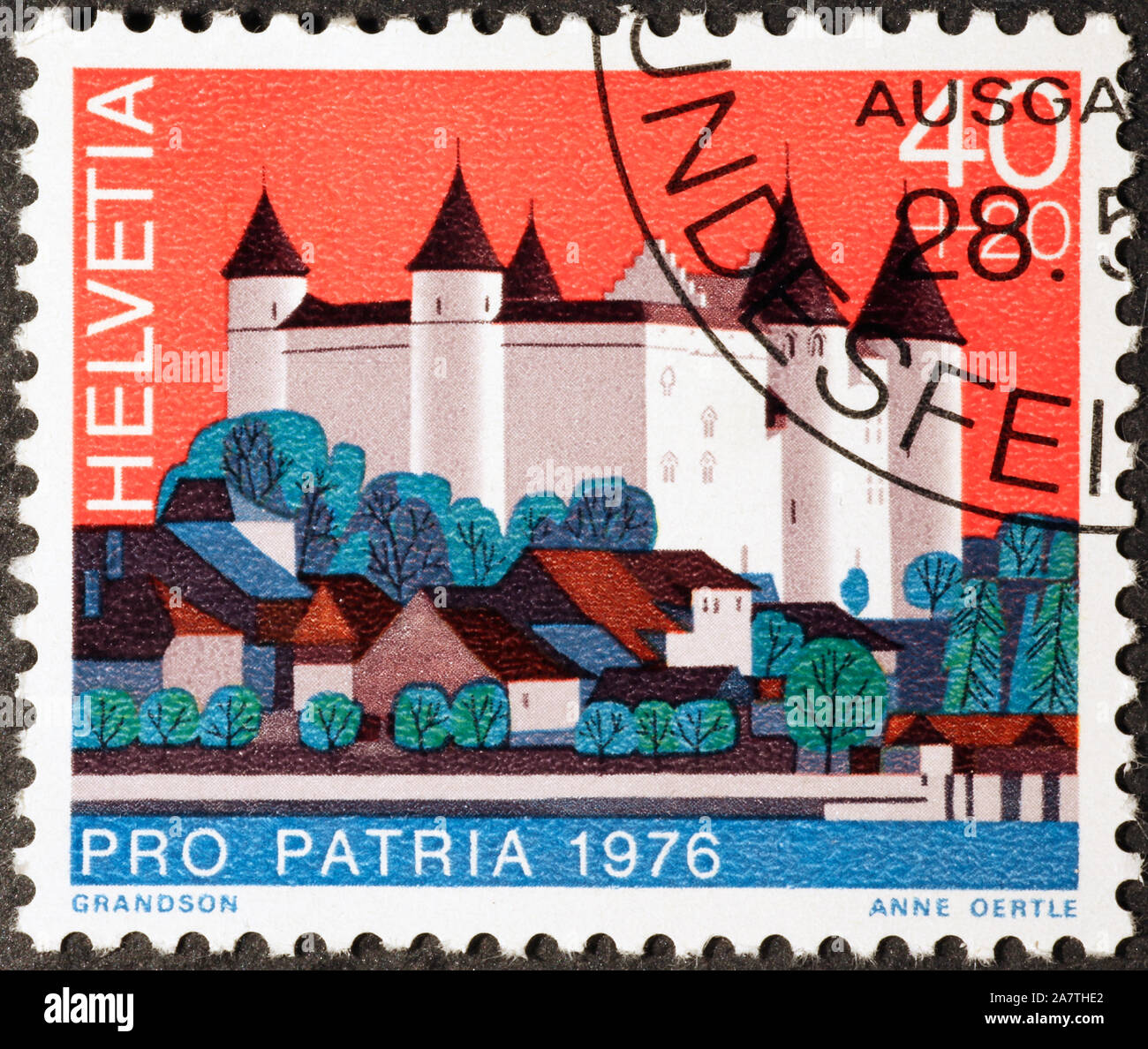Old swiss castle on postage stamp Stock Photo - Alamy