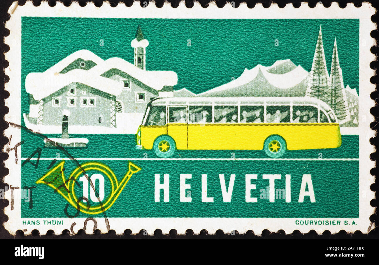Swiss bus on vintage postage stamp Stock Photo - Alamy