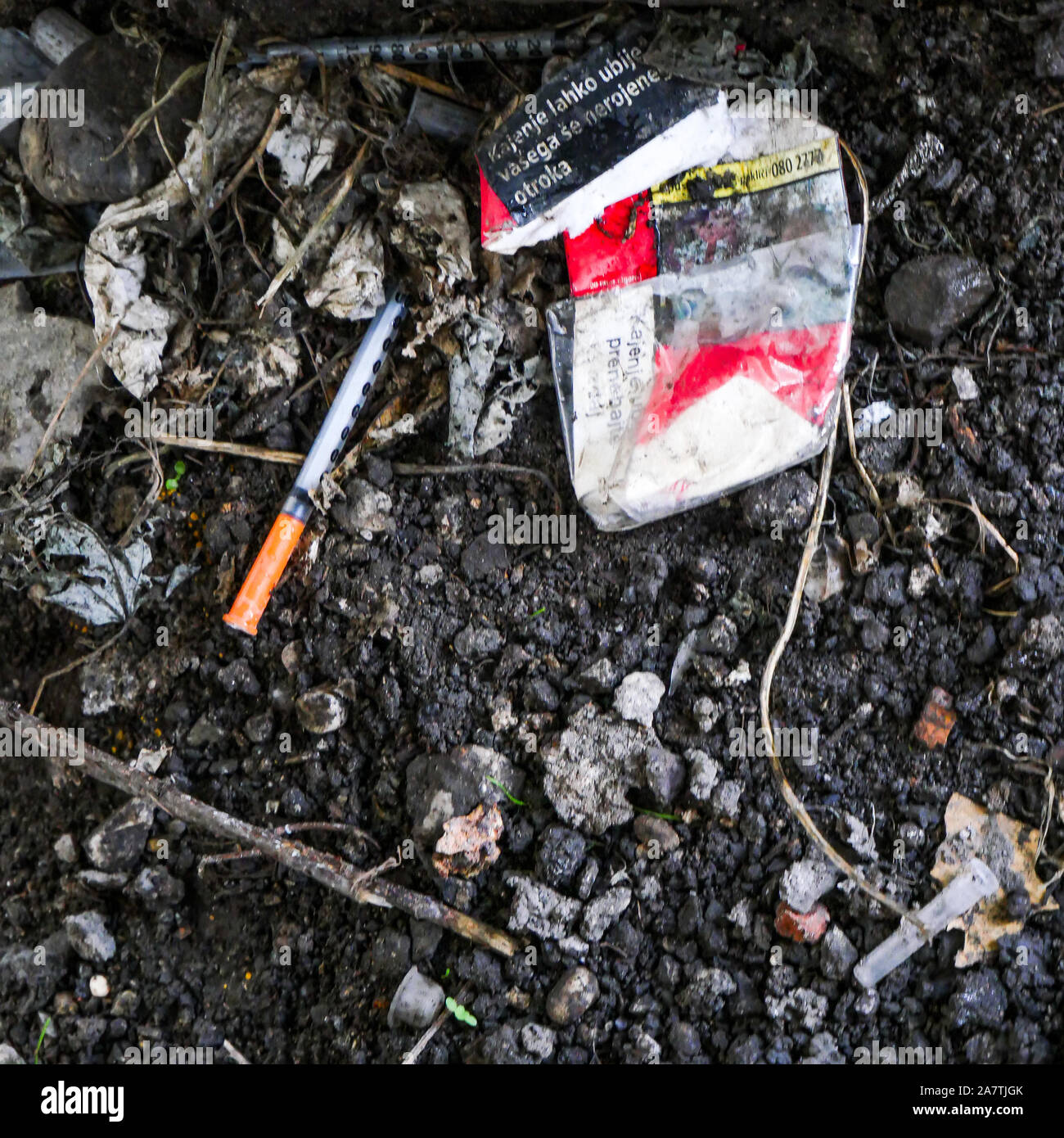 Drug: syringe and needles abandonned on the ground, Ljubljana, Slovenia ...