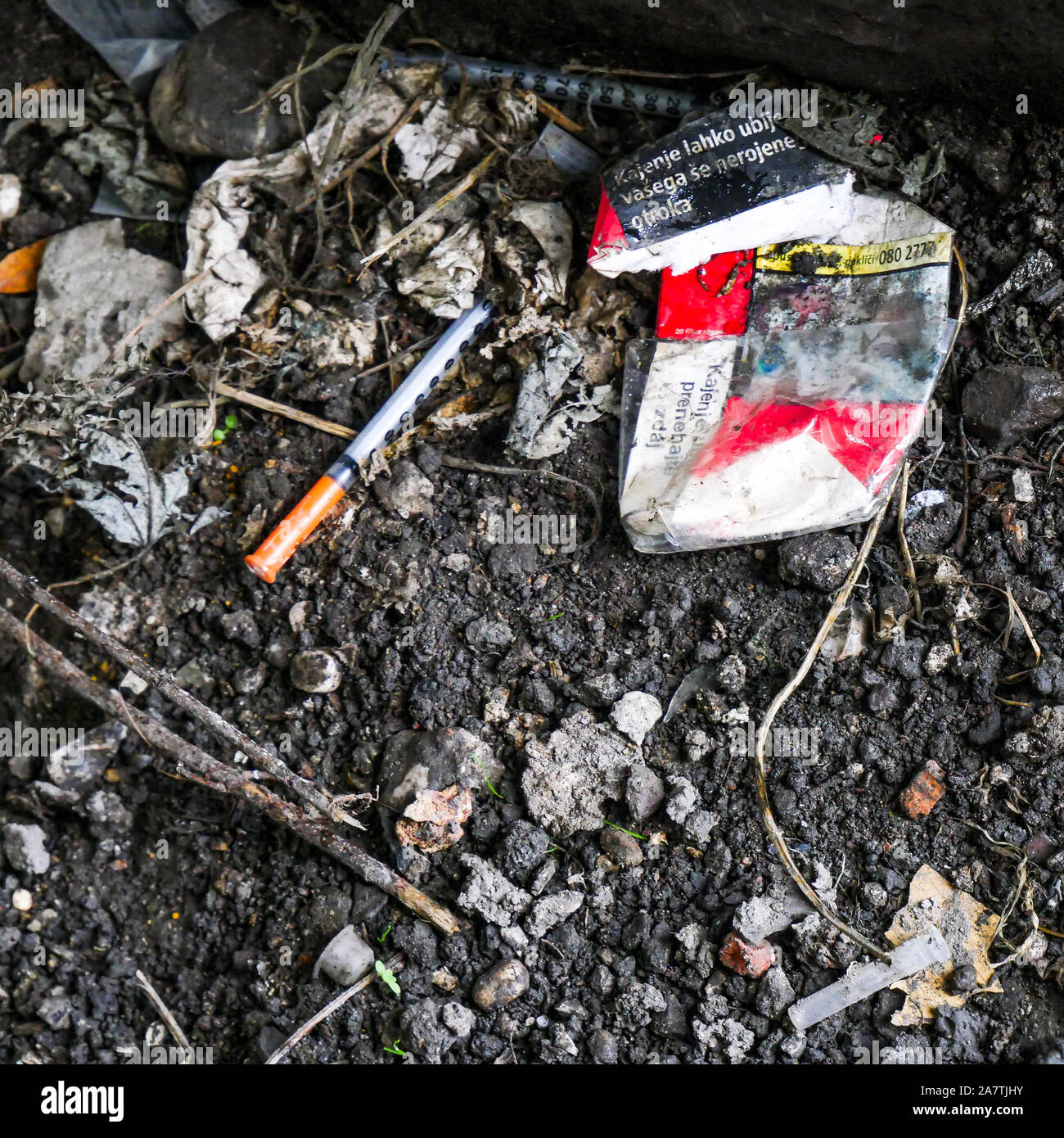 Drug: syringe and needles abandonned on the ground, Ljubljana, Slovenia ...