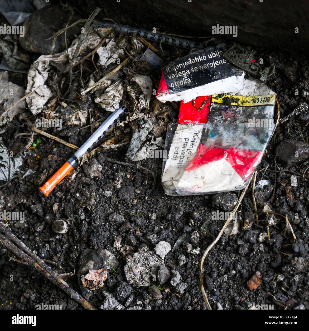 Drug: syringe and needles abandonned on the ground, Ljubljana, Slovenia ...