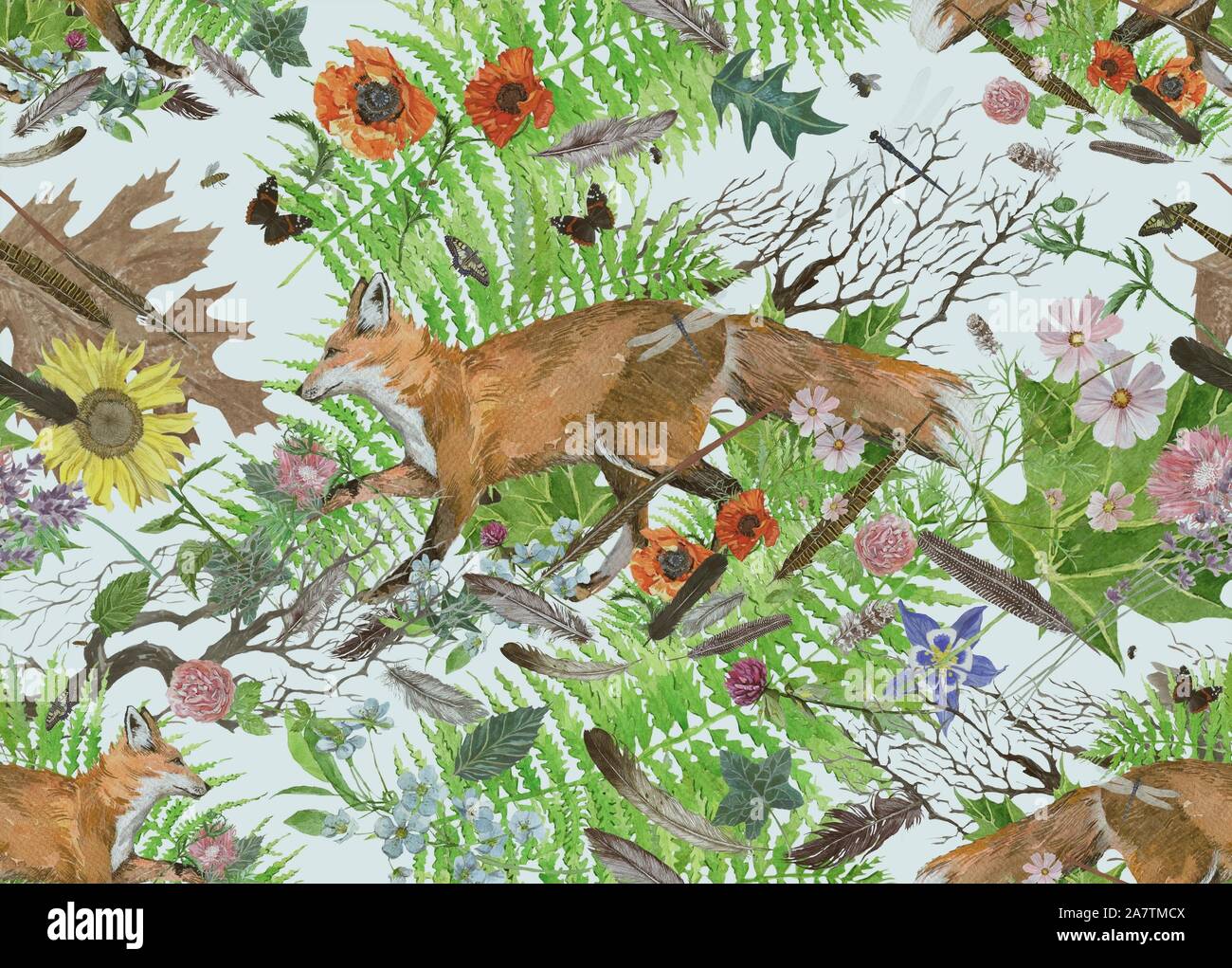 Seamless watercolor pattern with fox , flowers, leaves, feathers Stock ...