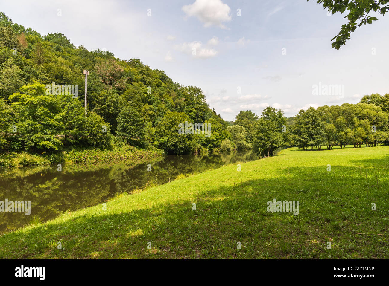 Weisse Elster river with trees mirroring on water ground, forest and ...