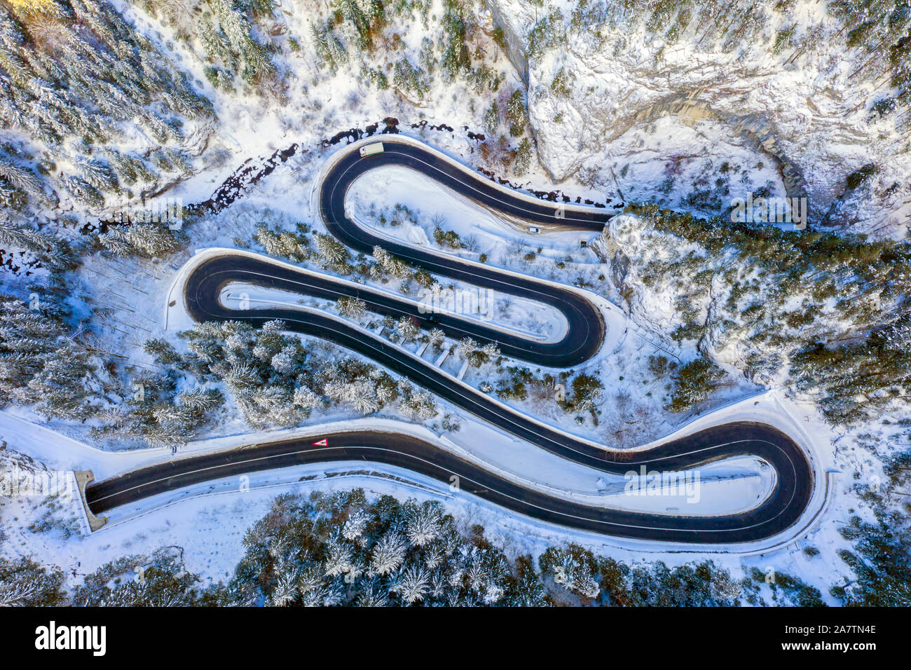 Winding road in rocky mountain and tunnel entrance. Bicaz gorge is a ...