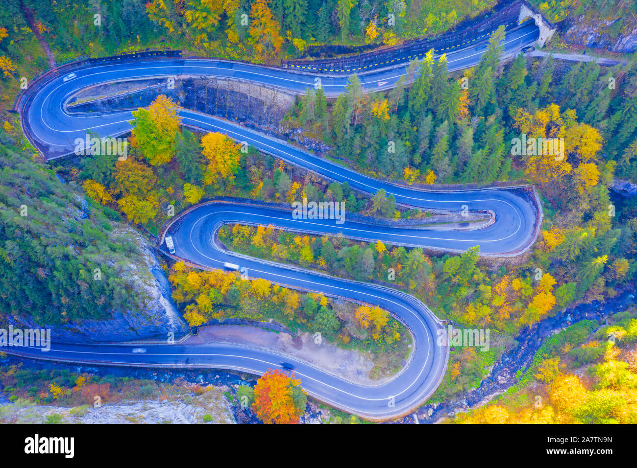 Above view of winding road in autumn forest. Bicaz Gorges are a ...