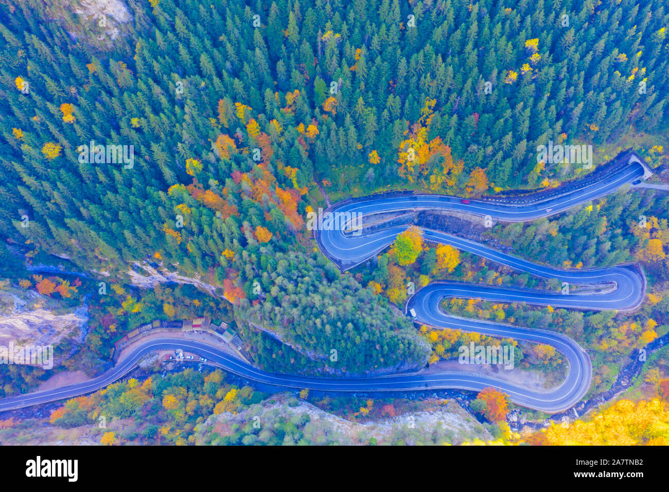 Above view of curvy mountain road in Romanian Carpathians. Bicaz Gorges ...