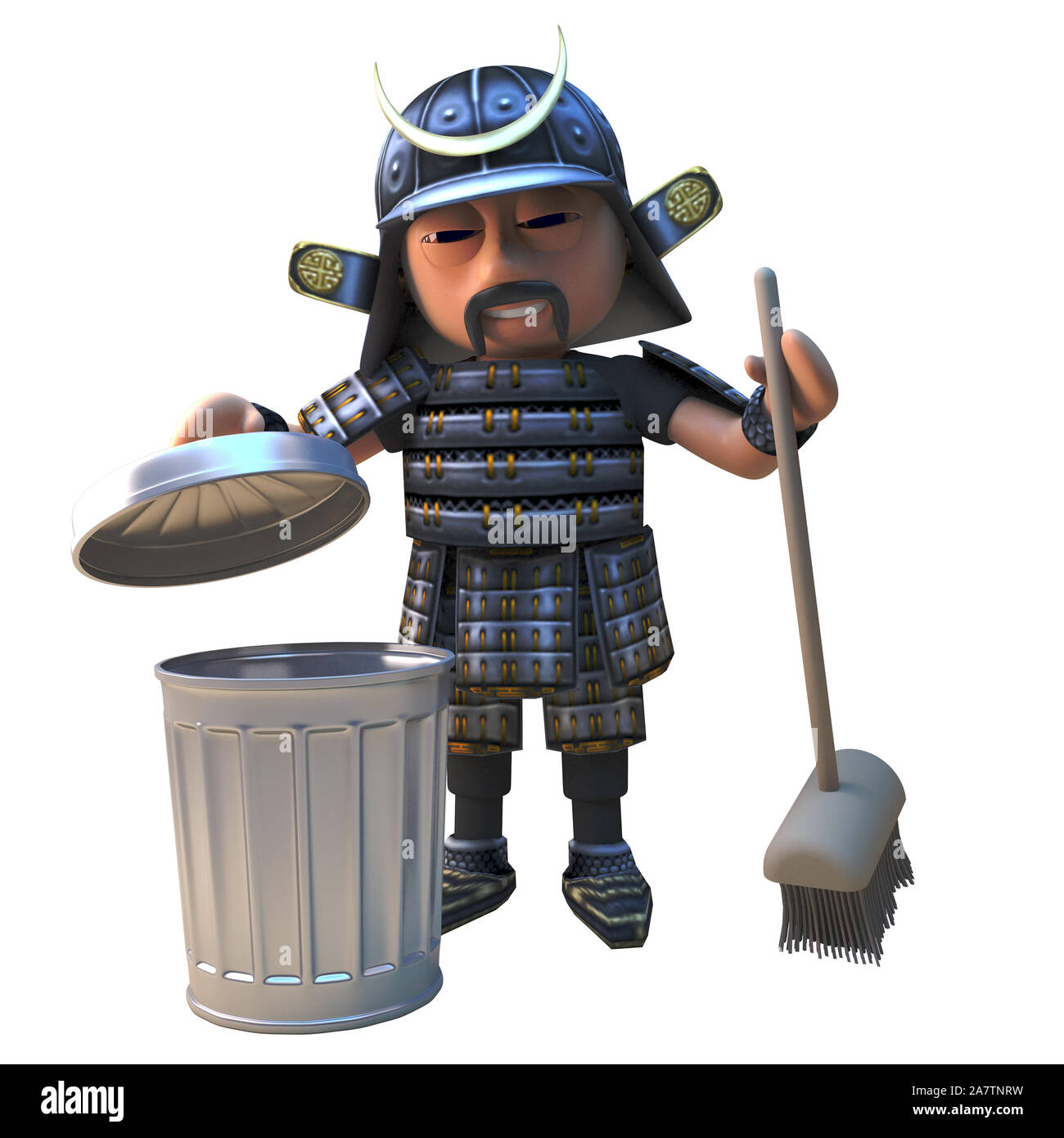 3d cartoon samurai warrior in armour cleaning litter with a broom and ...