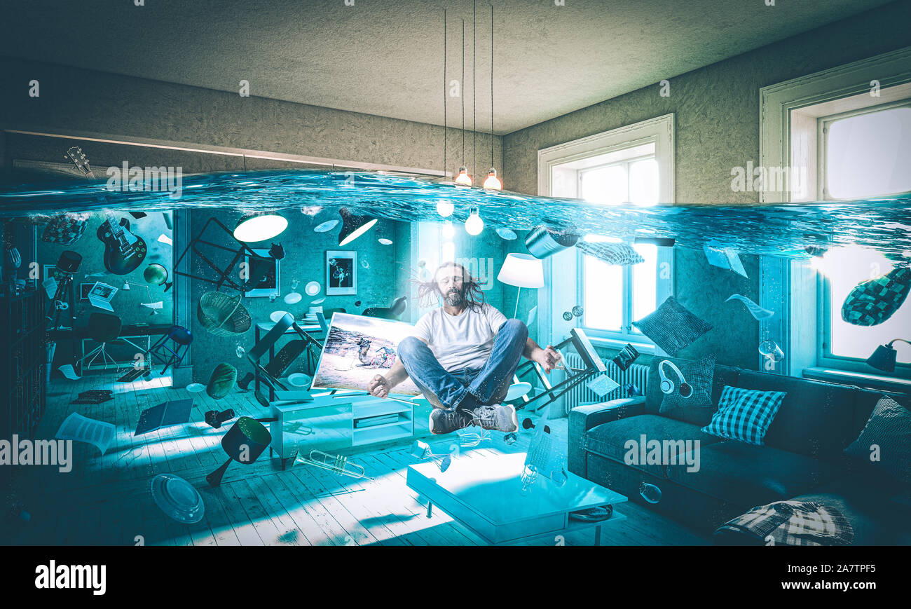 living room flooded with floating objects and man with long hair with ...