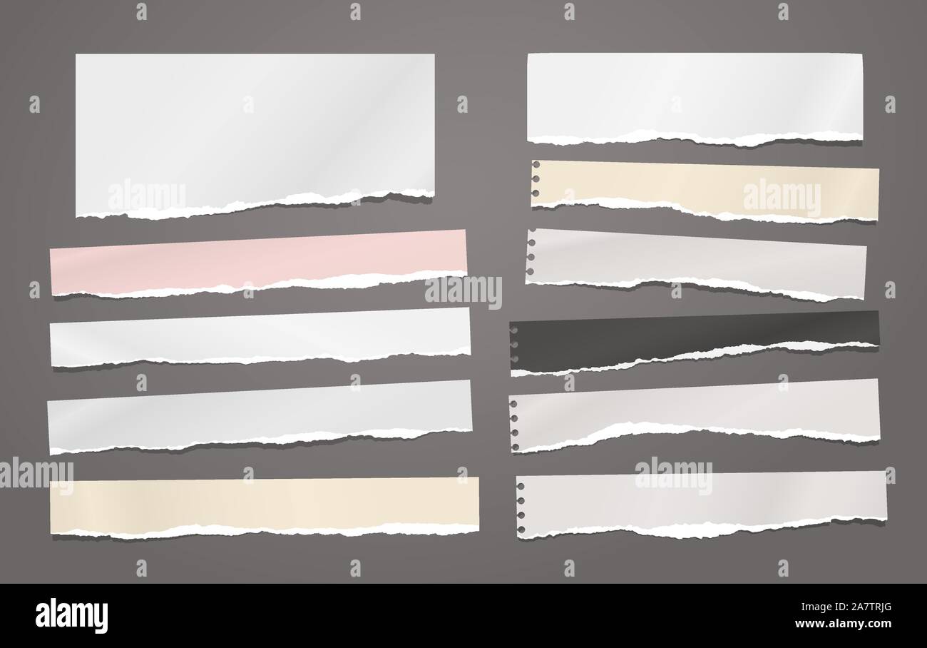 Set of torn horizontal white and colorful, note notebook paper strips ...