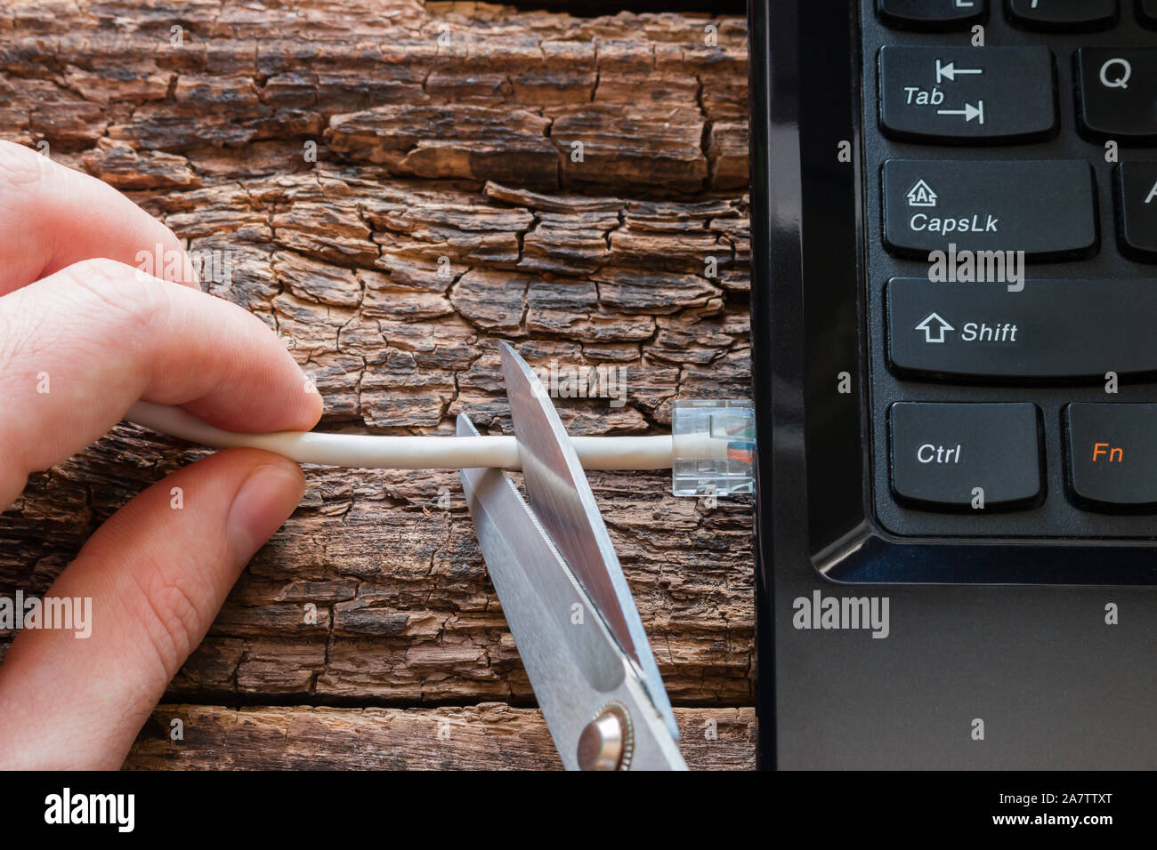 man cuts internet cable Stock Photo - Alamy