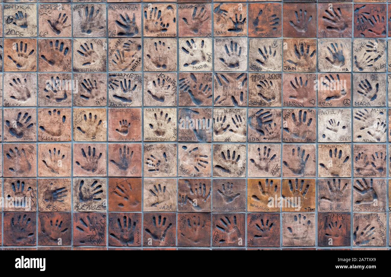 Tiles with handprints on the wall Home Credit Arena Liberec Stock Photo ...