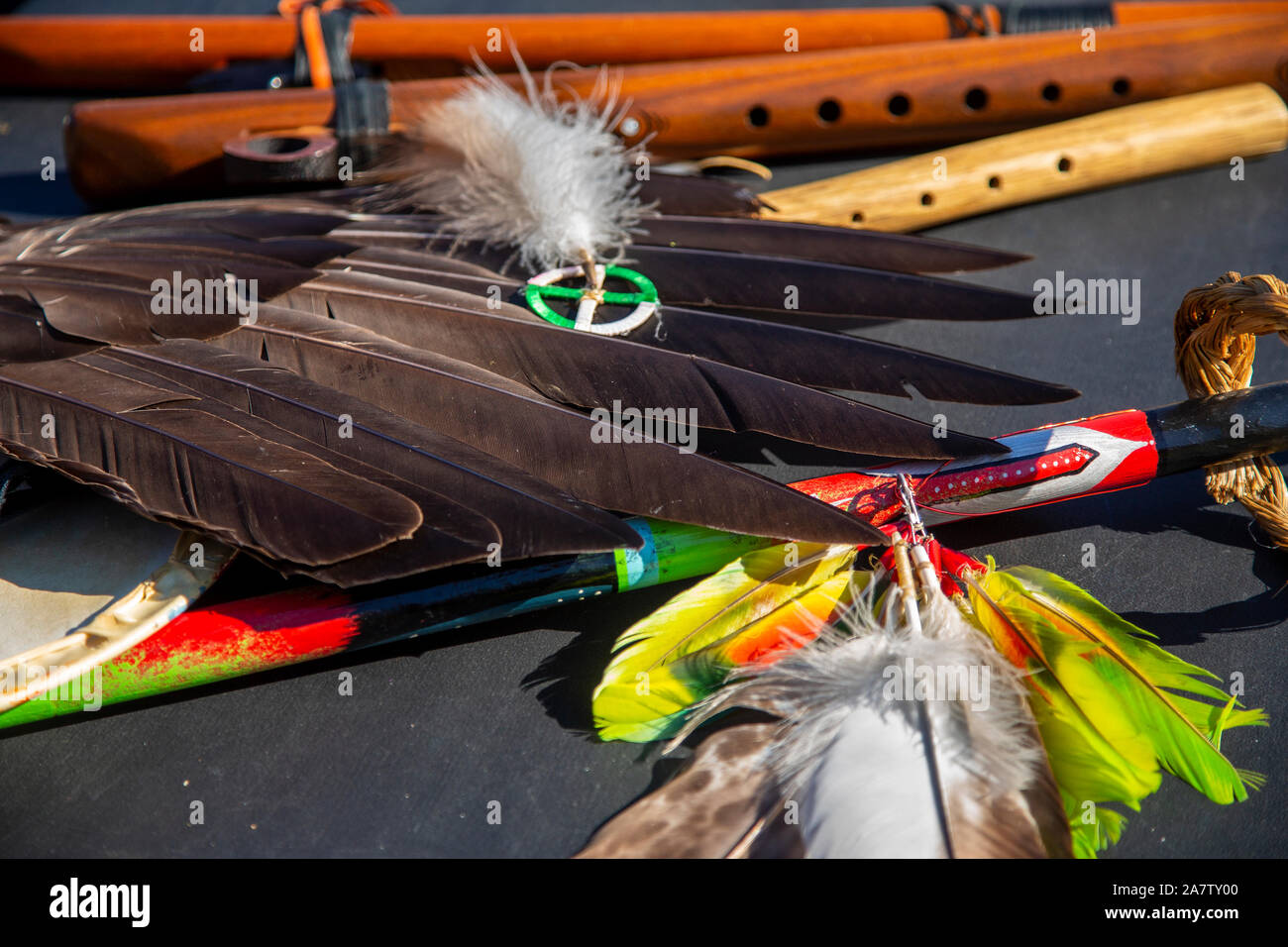 Native American feathers and flutes Stock Photo - Alamy