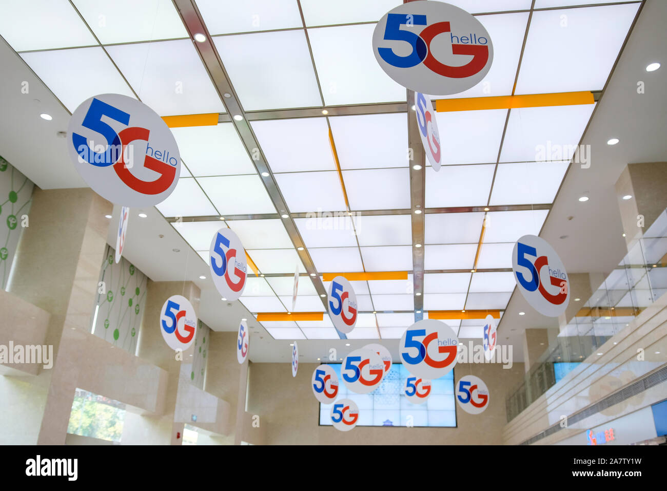 Logos of 5G are seen at a branch of China Telecom in Hangzhou city ...