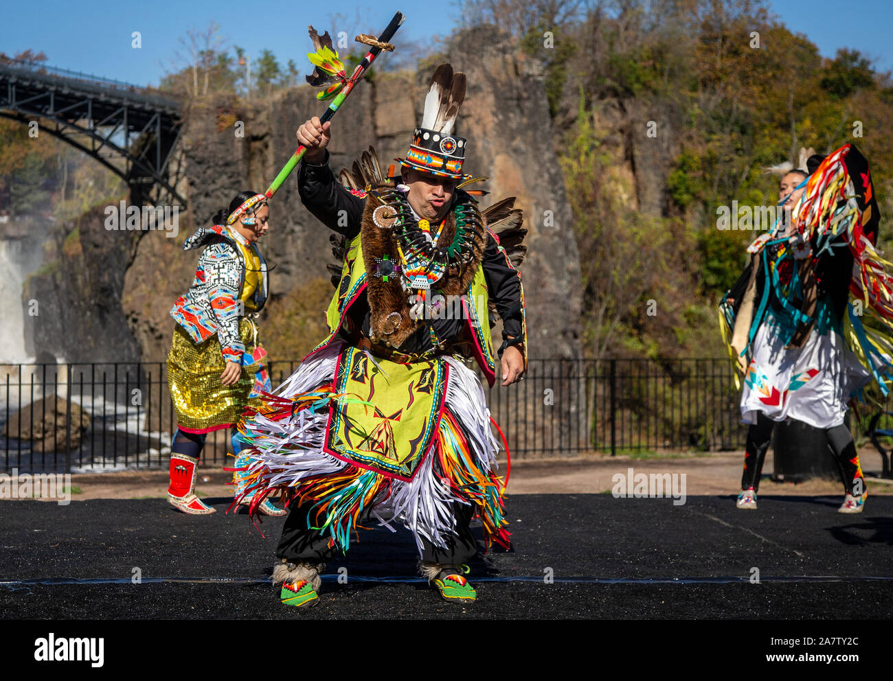 Native American dancers at an event at the Great Falls of Patterson ...