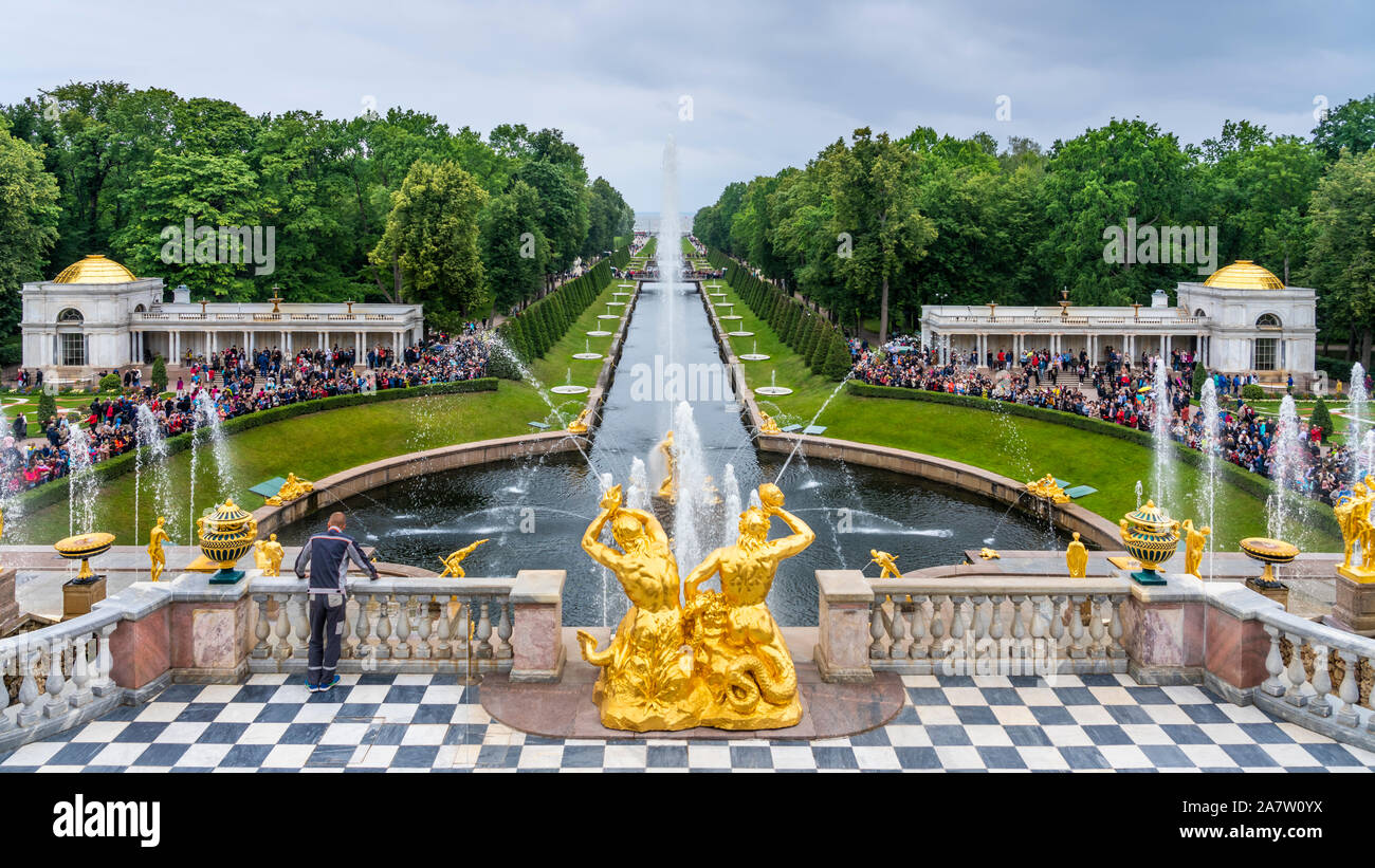 Exterior decorative fountains of the Peterhof Palace in St. Petersburg ...