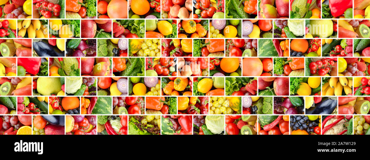 Wide background fruits and vegetables separated vertical and horizontal ...