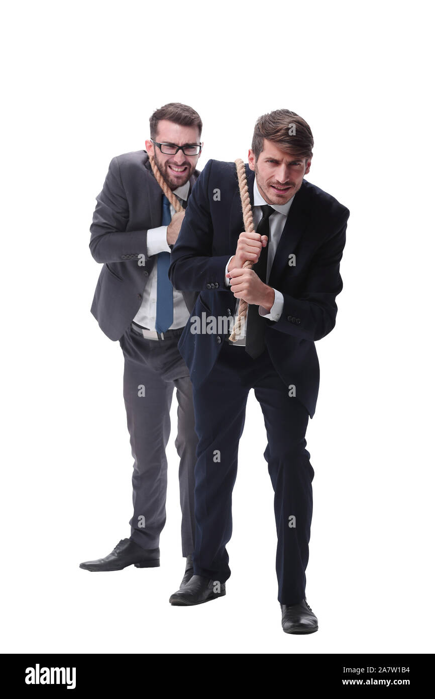 full length . two businessmen pulling a long rope Stock Photo - Alamy