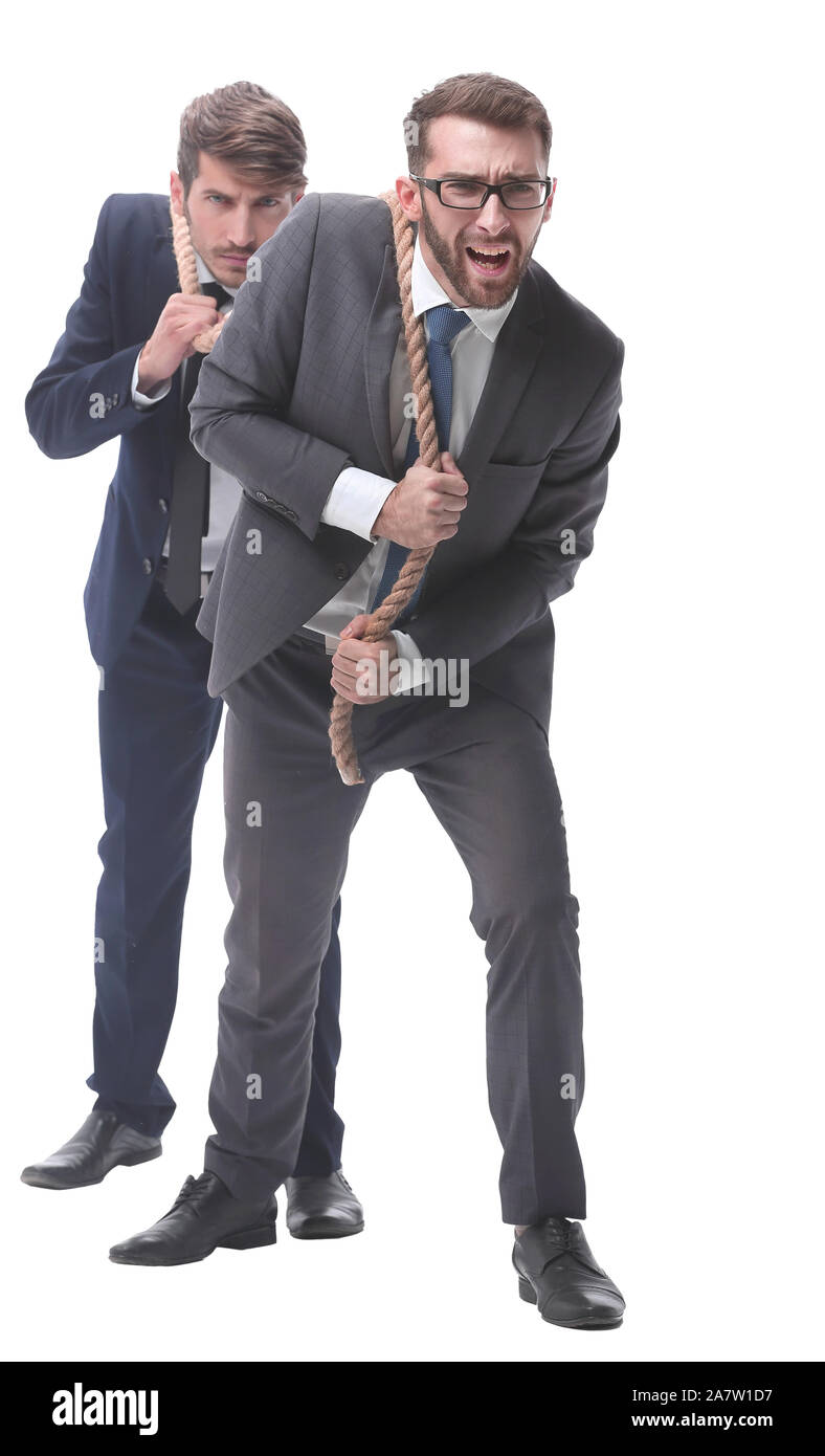full length . two businessmen pulling a long rope Stock Photo - Alamy