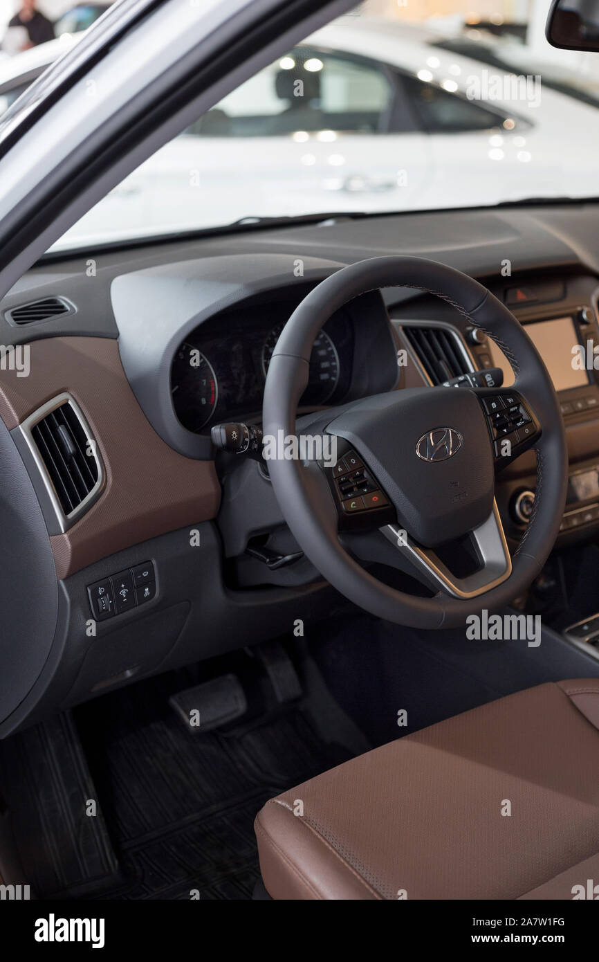 Russia, Izhevsk - October 16, 2019: Hyundai showroom. Interior of new ...