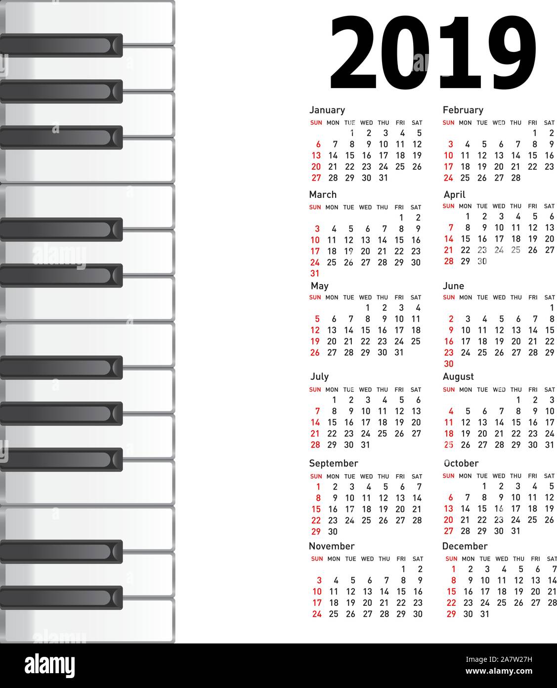 New calendar 2019 with a musical background piano keys Stock Vector ...