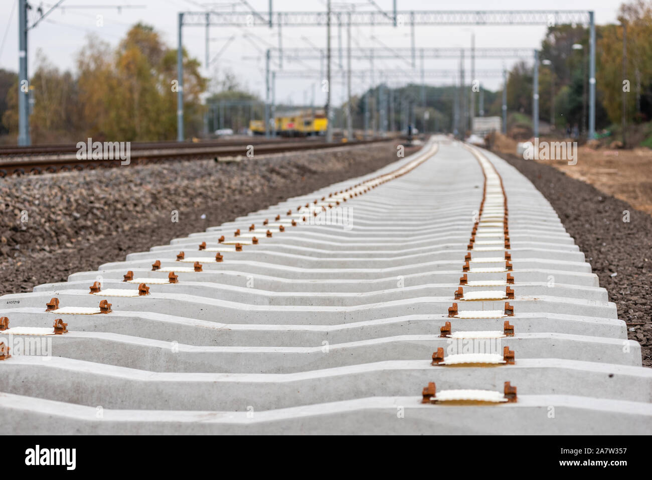 Modernization of the railway line. New track, crushed stone, railway ...